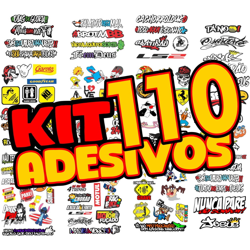 KIT 110 Adesivos Stickers Cartelas Figurinhas Versão 1 para Moto Bike Carro Moto Capacete ...