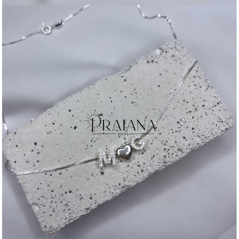 Colar de Prata Inicial Cravejada Com Separador Coração Prata 925 ...