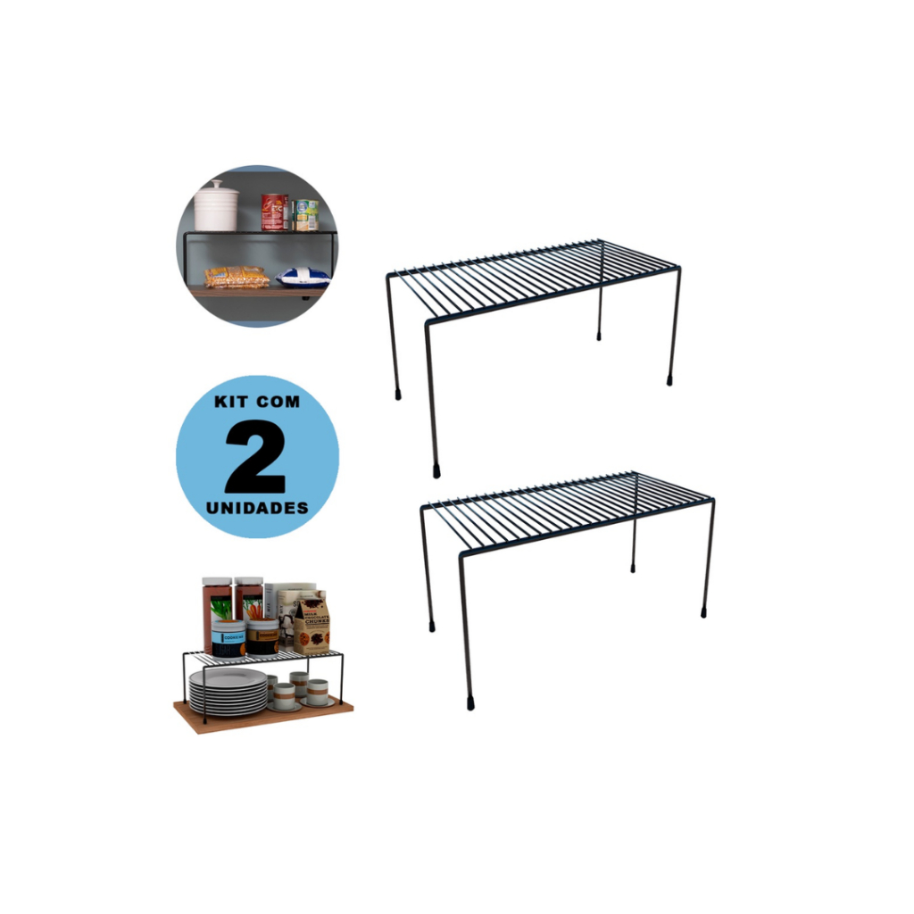 Kit 2 organizadores de armário e cozinha médio tipo prateleira preto ...