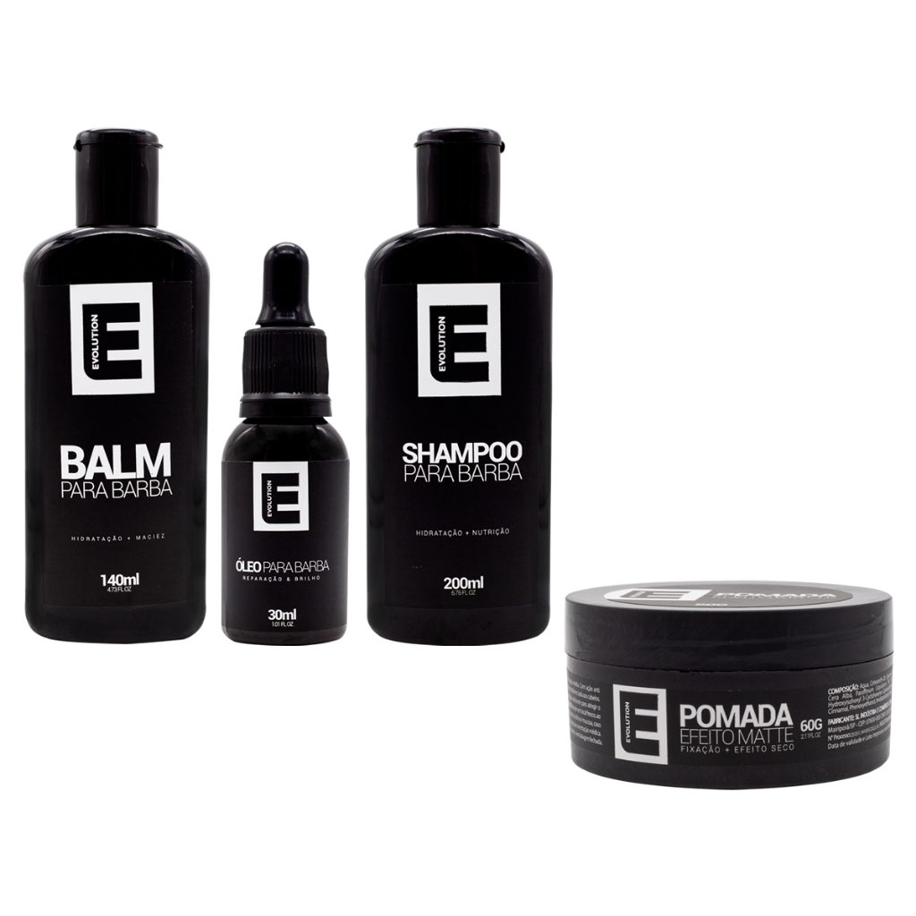 Kit Cuidados Barba e Cabelo - 1 Pomada Matte + Balm + Shamppo + Óleo ...