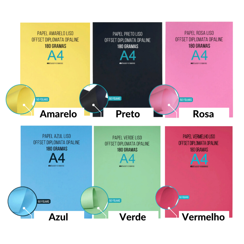 Papel Offset Diplomata Opaline A4 180g 50 folhas Liso Premuim Colorido | Shopee Brasil
