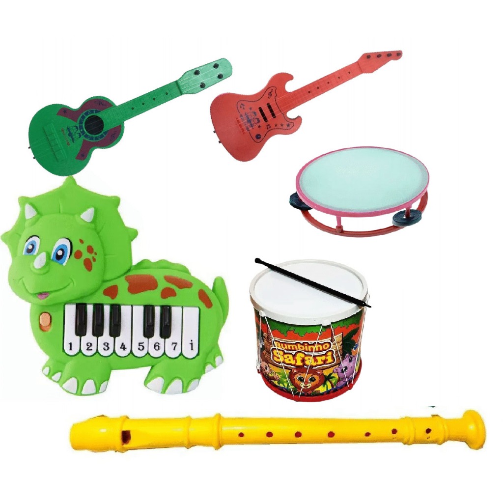 Kit 6 Instrumento Musical Violão Guitarra Pandeiro Flauta Piano Teclado Bumbo Infantil Brinquedo ...