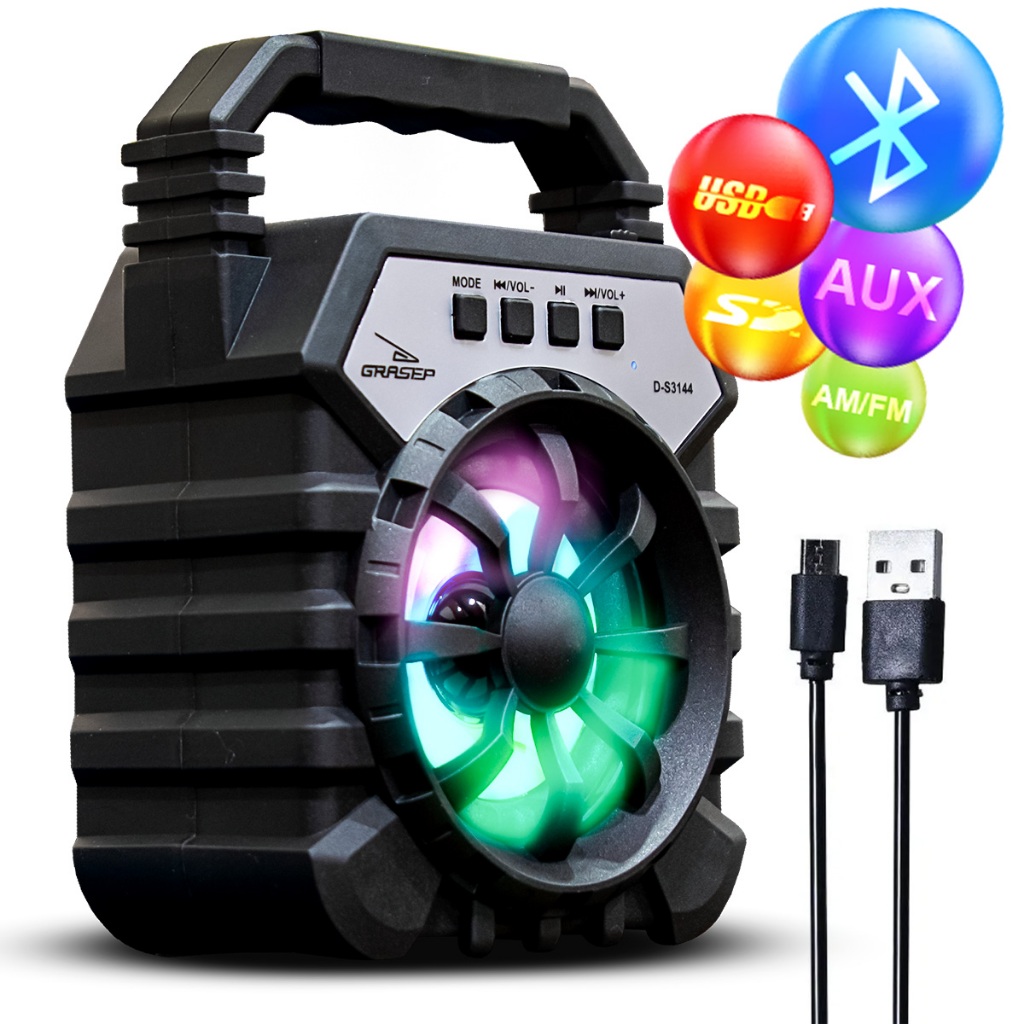 Caixinha Som Portátil Led Bluetooth Mp3 Pen Drive Fm 6w | Shopee Brasil