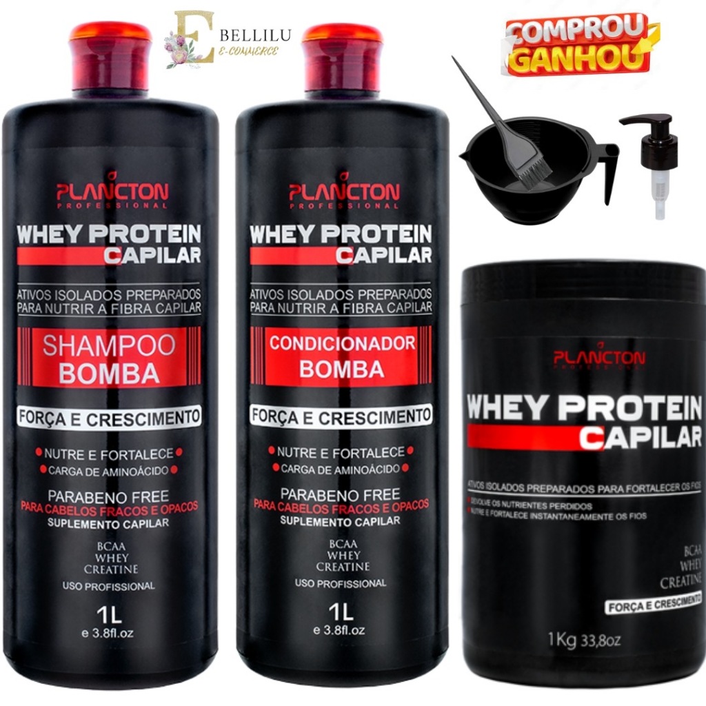 Kit Tratamento Plancton Whey Protein Shampoo Condicionador Mascara ...