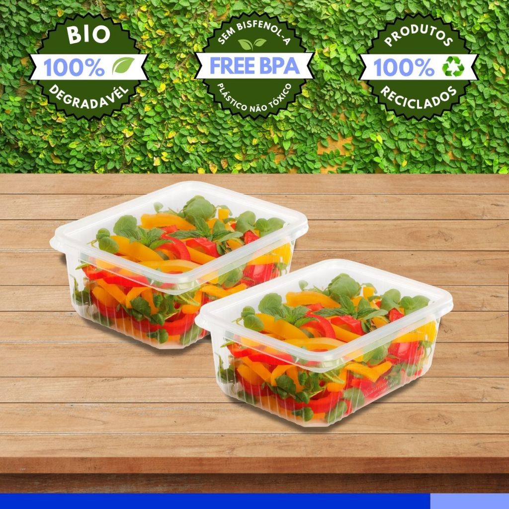 Pote Marmita Descartável Retangular com Tampa Freezer Microondas 25 Unid 500mL ou 750mL Fitness ...