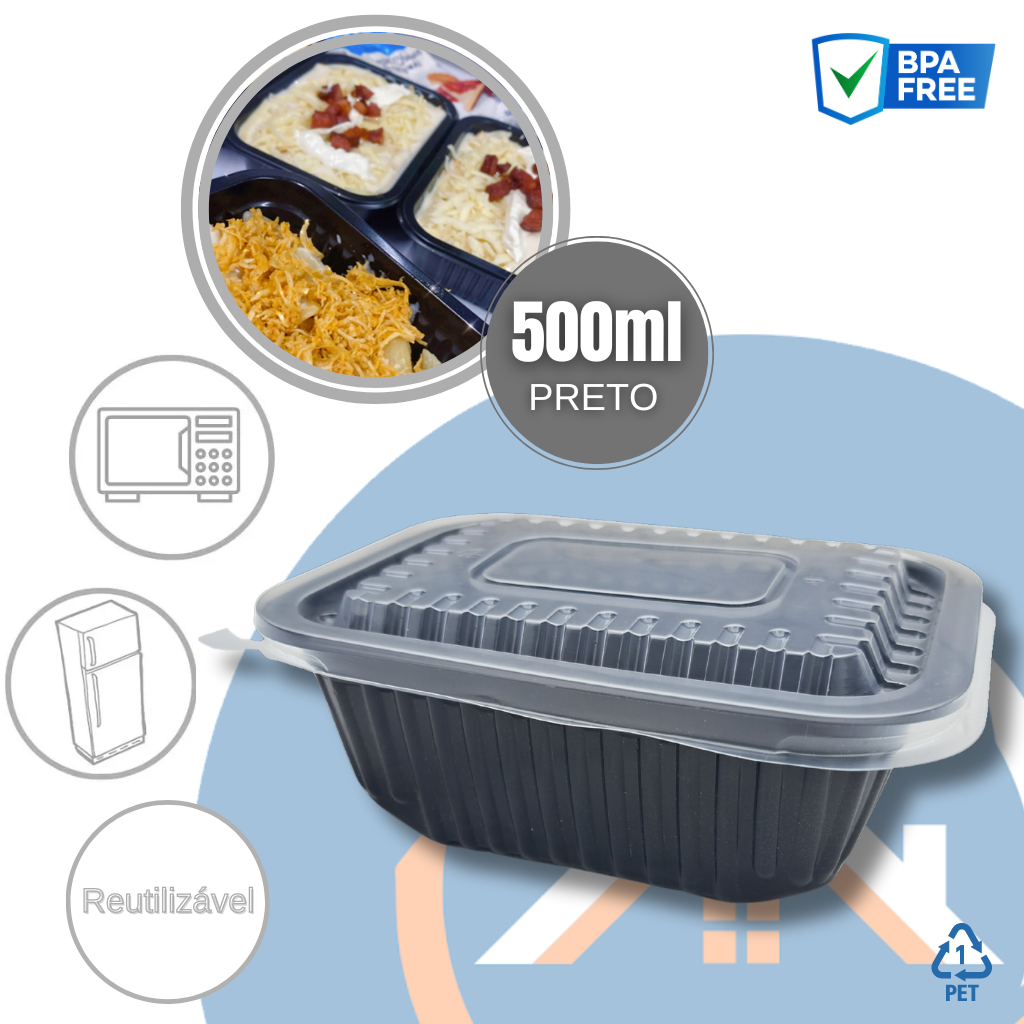 Pote Marmita Fitness 500ml PRETO Freezer/Micro-ondas c/24un | Shopee Brasil