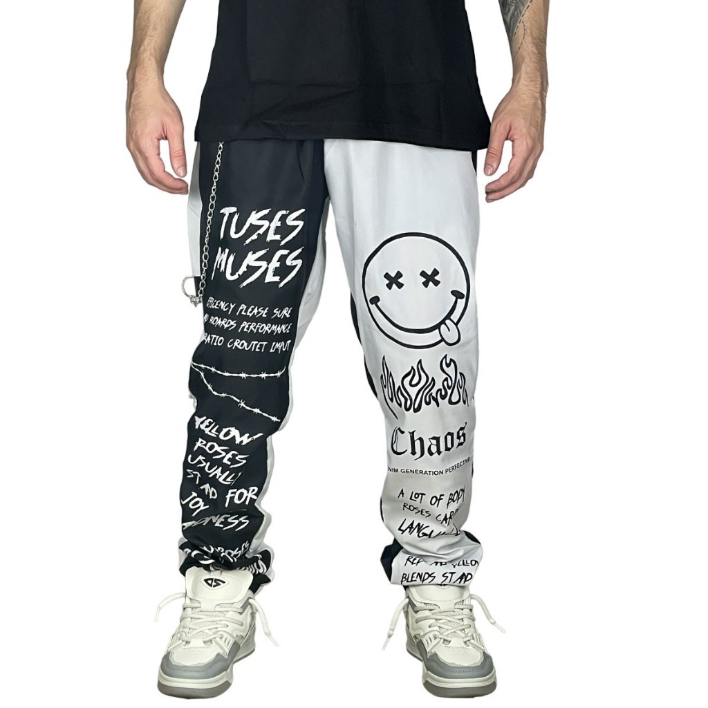 Calça Jogger Estilo Gringa Preta/Branca Larga Rapper Trapper Corta ...
