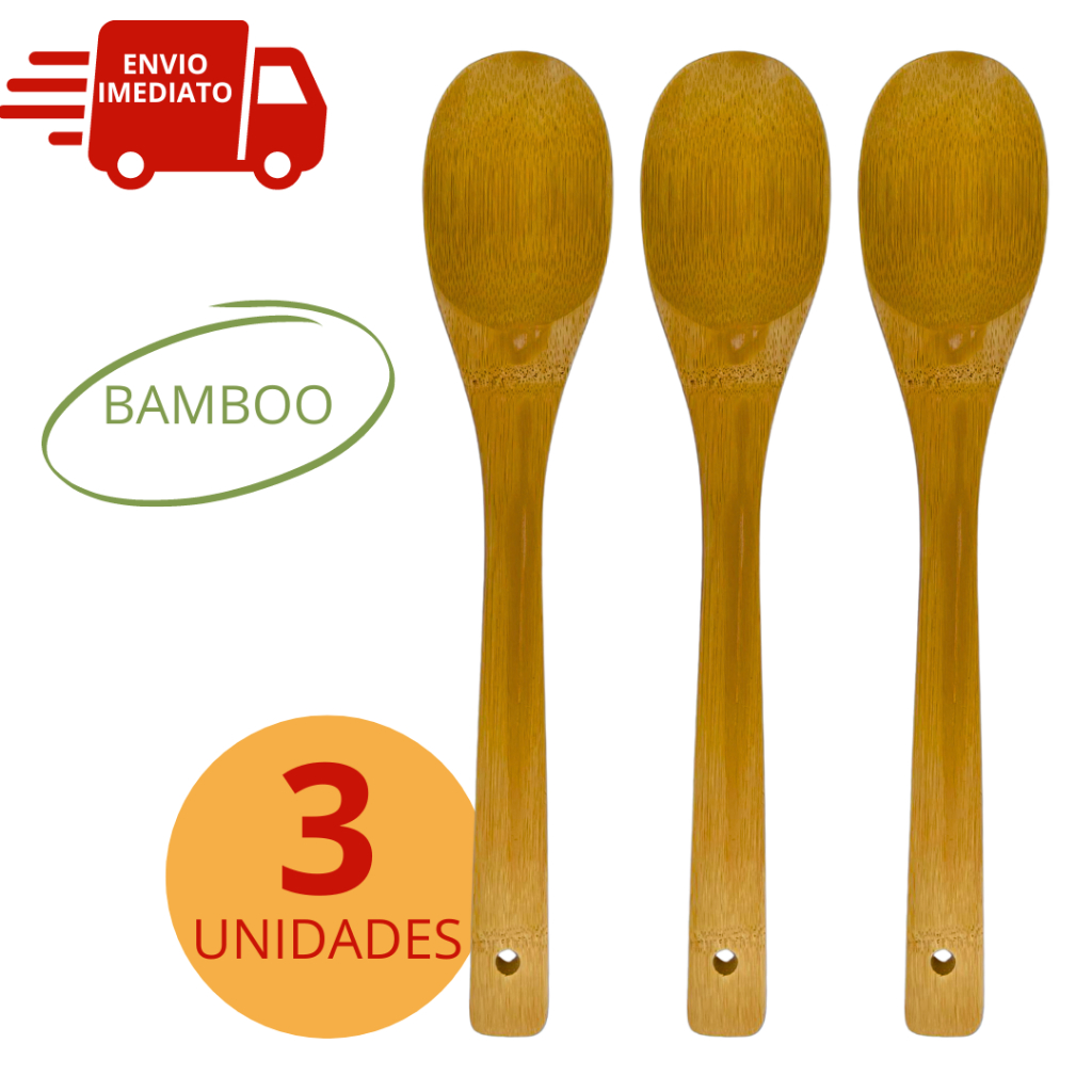 Kit 3 Colher de Bambu Para Cozinhar Colher de Bamboo Não Risca Panela ...