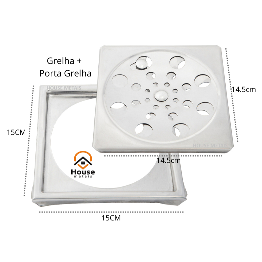 Ralo Grelha Quadrado 15 x 15 Completo com Caixilho Aço Inox Abre e ...