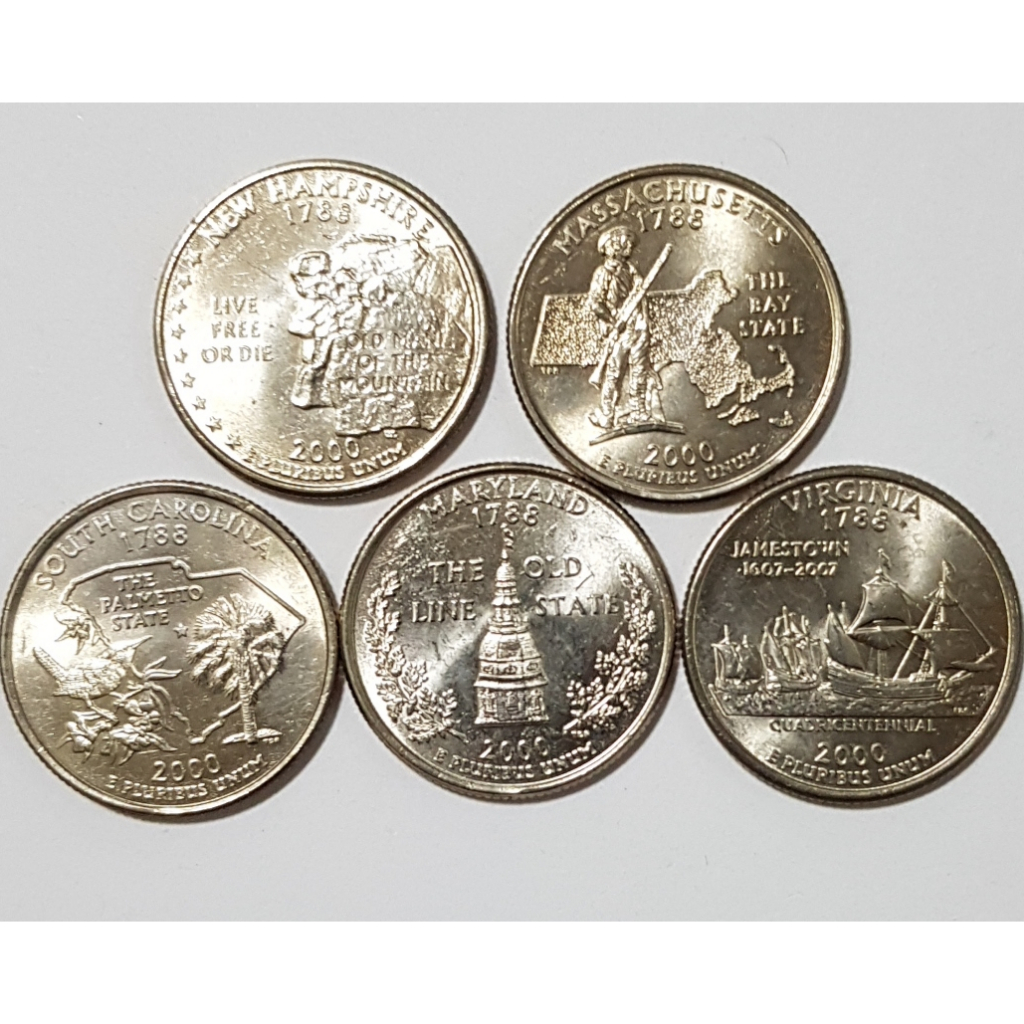 Lote 5 Moedas de Quarto de dólar [Quarter Dollar] dos Estados dos ...