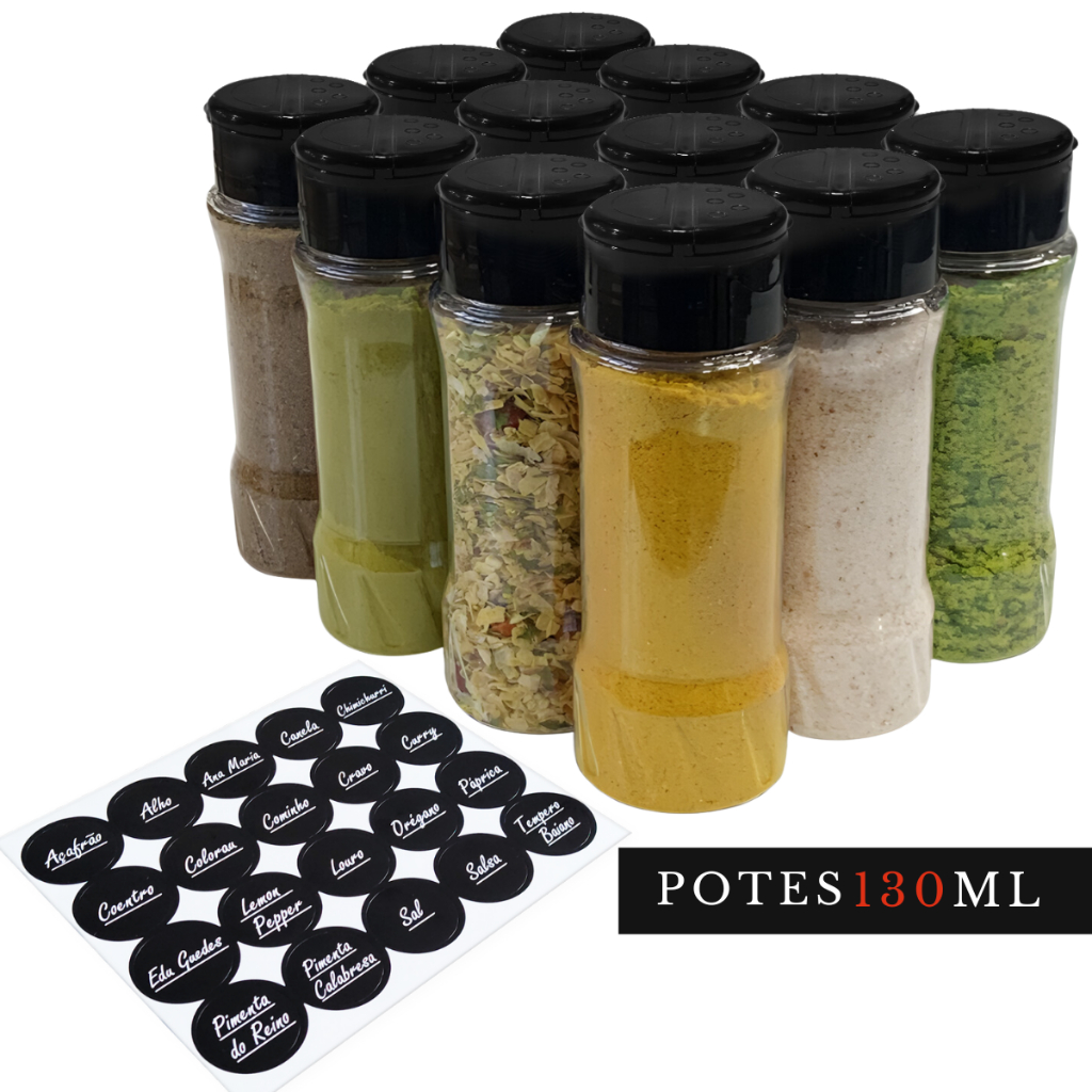 Kit 12 Potes Temperos Condimentos Tampa Dosadora Dupla de Plástico ...