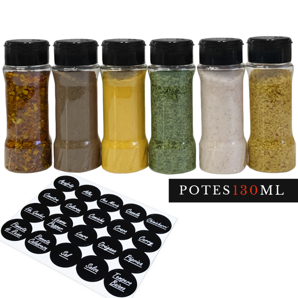 Kit 6 Potes Tempero Condimento 130ml de Plástico com Tampa Dosadora ...