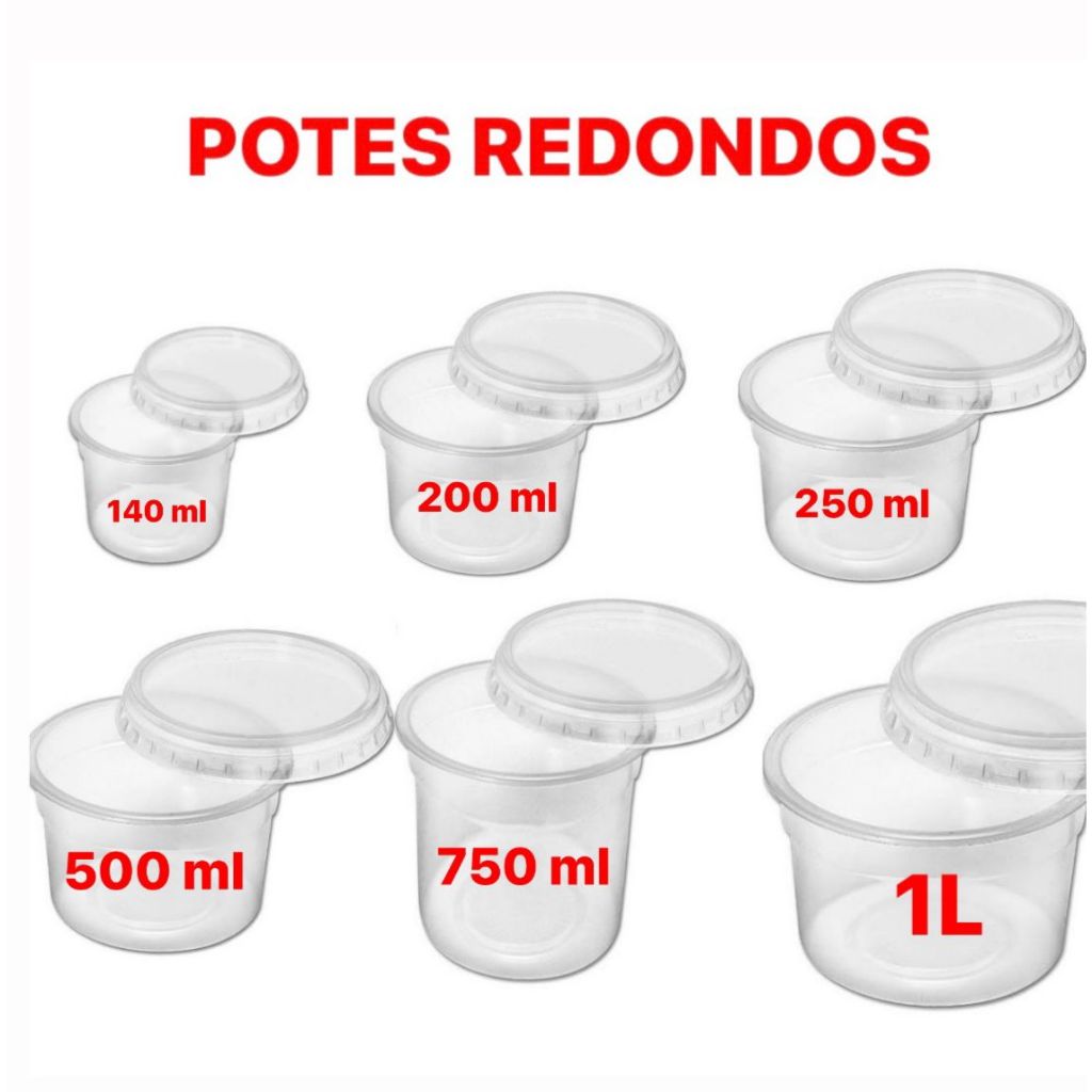 24un Pote Redondo Descartável 140 / 200 / 500 / 750 / 1000ml Freezer e Microondas TOTALPLAST ...