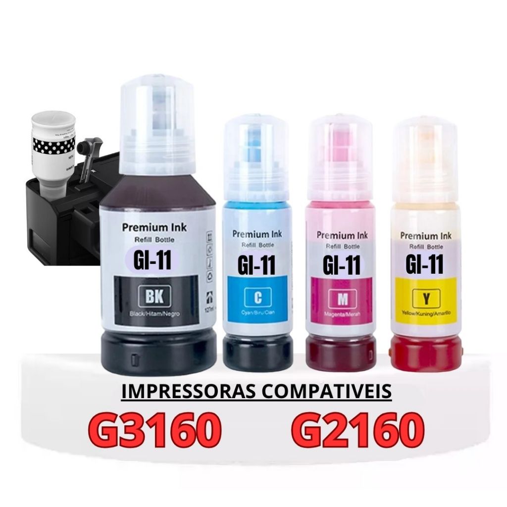 Kit 4 Tinta GI 11 Compativel Para Impressora Canon G3160 G2160 MegaTank Pronta Entrega | Shopee ...