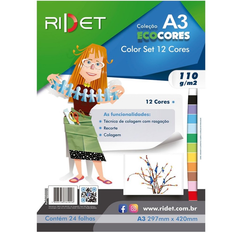 Papel Criativo Color Set 12 Cores A3 24 Folhas 110g Ridet Bloco Ecocores A3 Tamanho 297mm x ...