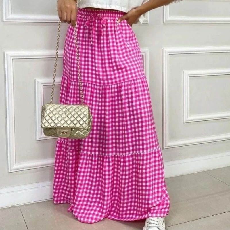 Saia Longa Tres Marias Elegante estilosa Quadriculada Xadrez e Lisas moda feminina | Shopee Brasil