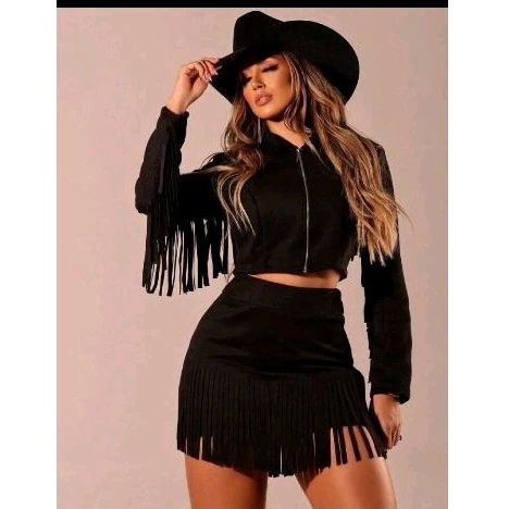 Jaqueta Boiadeira de Franja Saia com Franja Look Ana Castela ,Rodeio ...