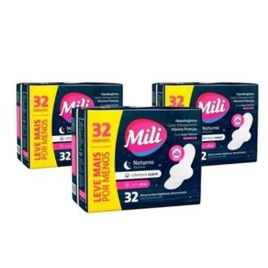 Kit cm 3 Absorvente Mili Noturno Com Abas Suave c/ 32un | Shopee Brasil