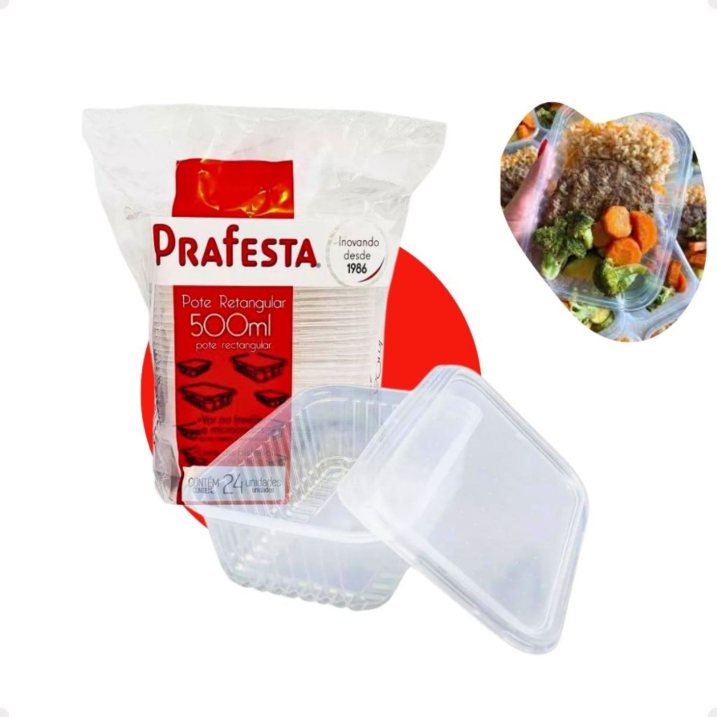 Pote Descartável Marmita Fit Plástico Kit com 24 Freezer Microondas PraFesta Com Tampa ...