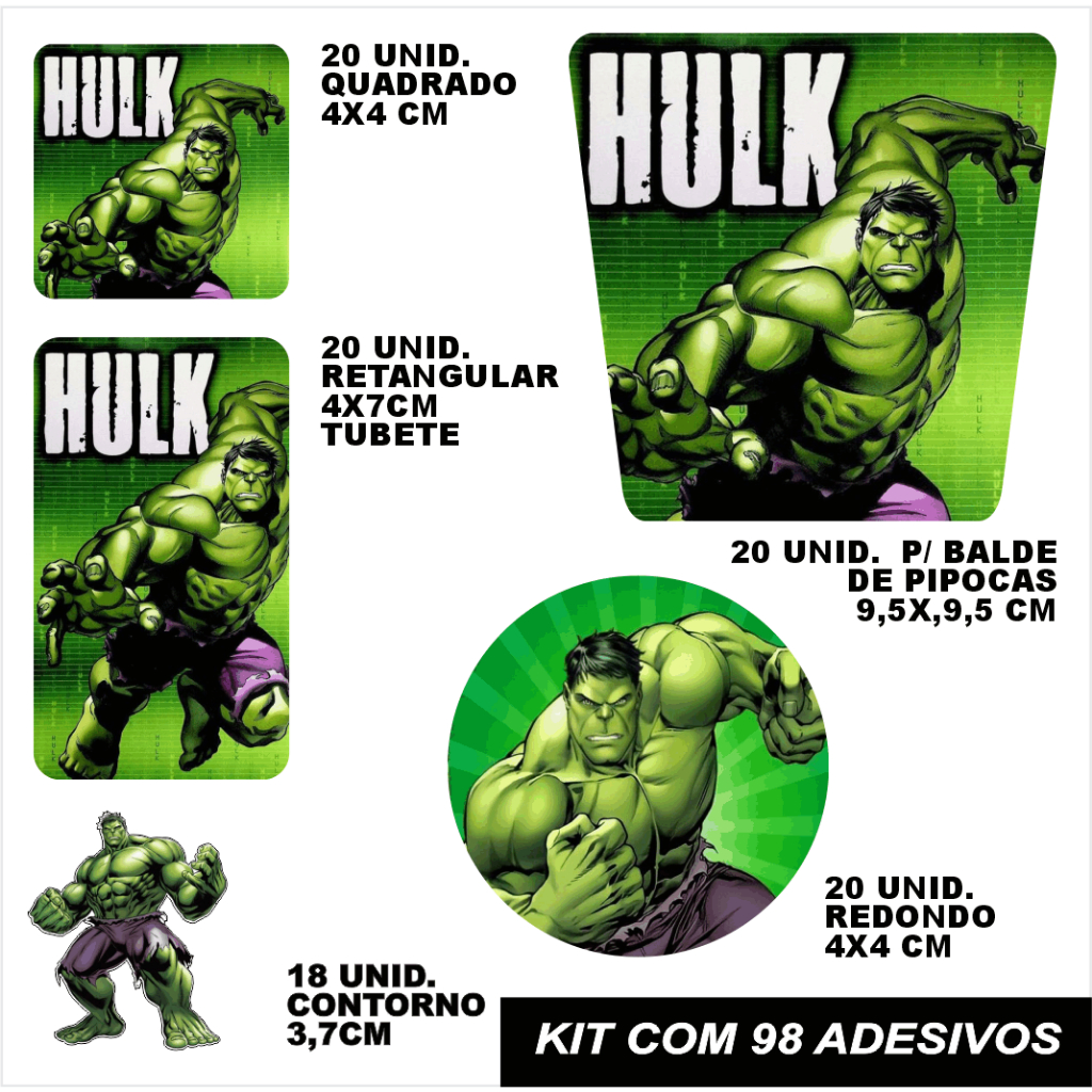 KIT COMBO FESTA INFANTIL 98 PEÇAS PERSONALIZADO HULK ADESIVO TAG ...