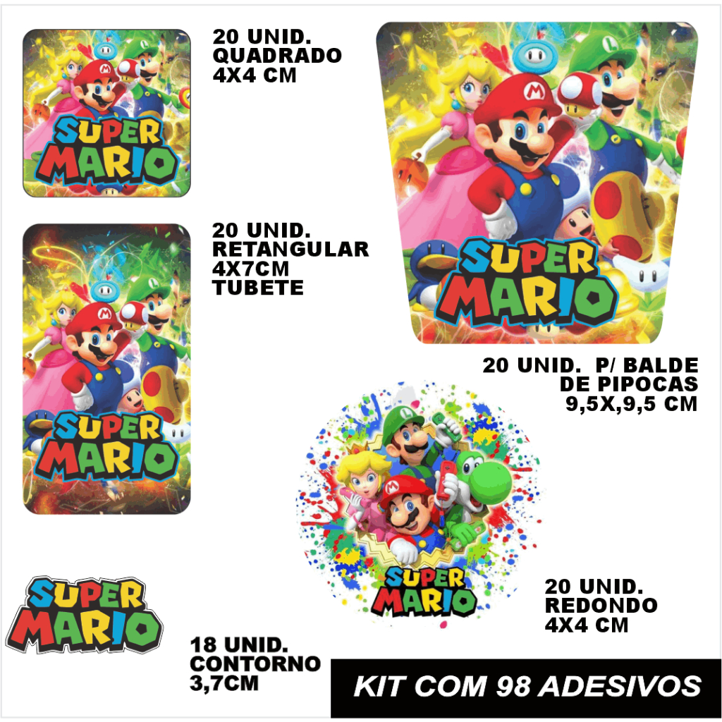 KIT COMBO FESTA INFANTIL 98 PEÇAS PERSONALIZADO MARIO BROZ ADESIVO TAG ...