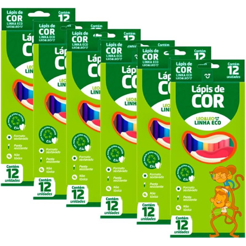 Lápis De Cor 12 Cores Pacote C/ 6 Caixas Lápis De Cor Leo e Leo ...