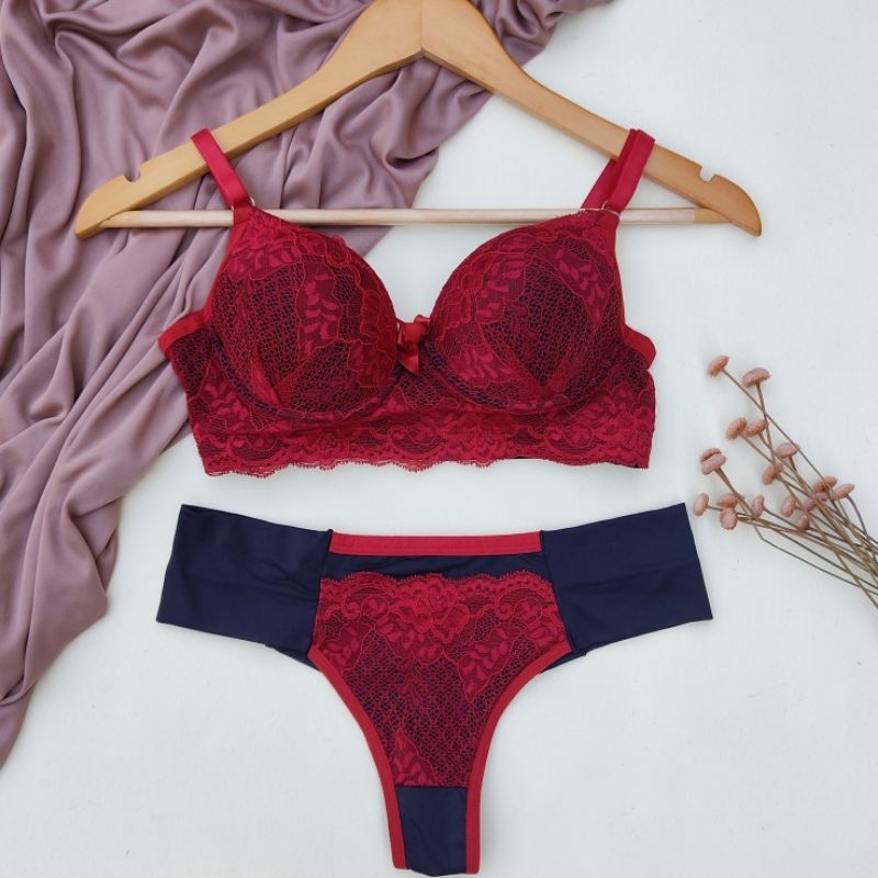 Conjunto Lingerie Renda Sutiã Com Bojo E Calcinha Fio Duplo - Moda ...