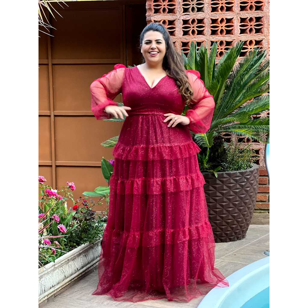 Vestido Longo Manga Longa Três Maria Marsala Plus Size | Shopee Brasil