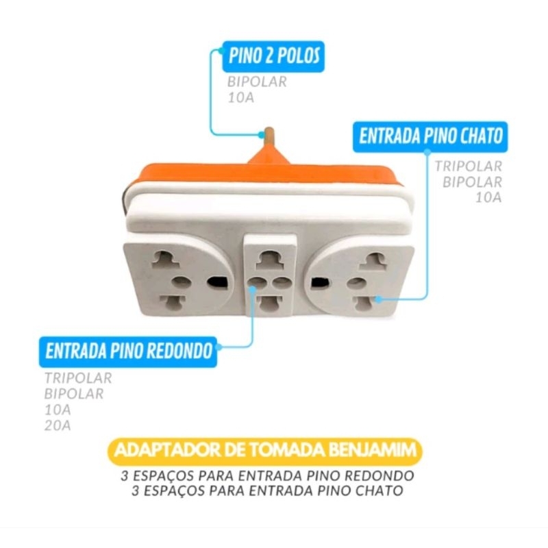 Kit com 10 Adaptadores Tomada Benjamim T 3 Entradas Multiplicador de ...