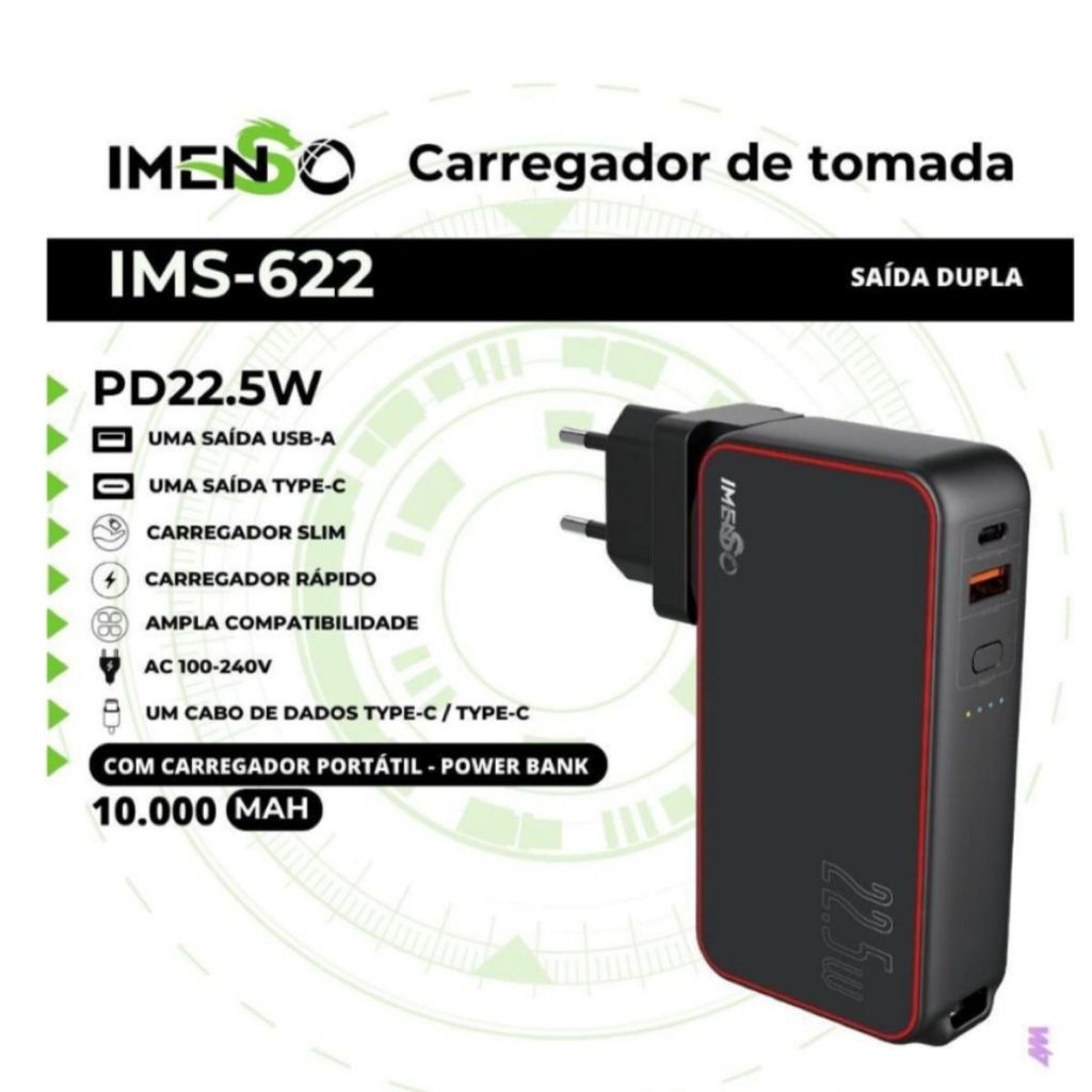 Carregador Portátil ImenSo Tomada E Powerbank 2 Em 1 9600mah Super Si ...