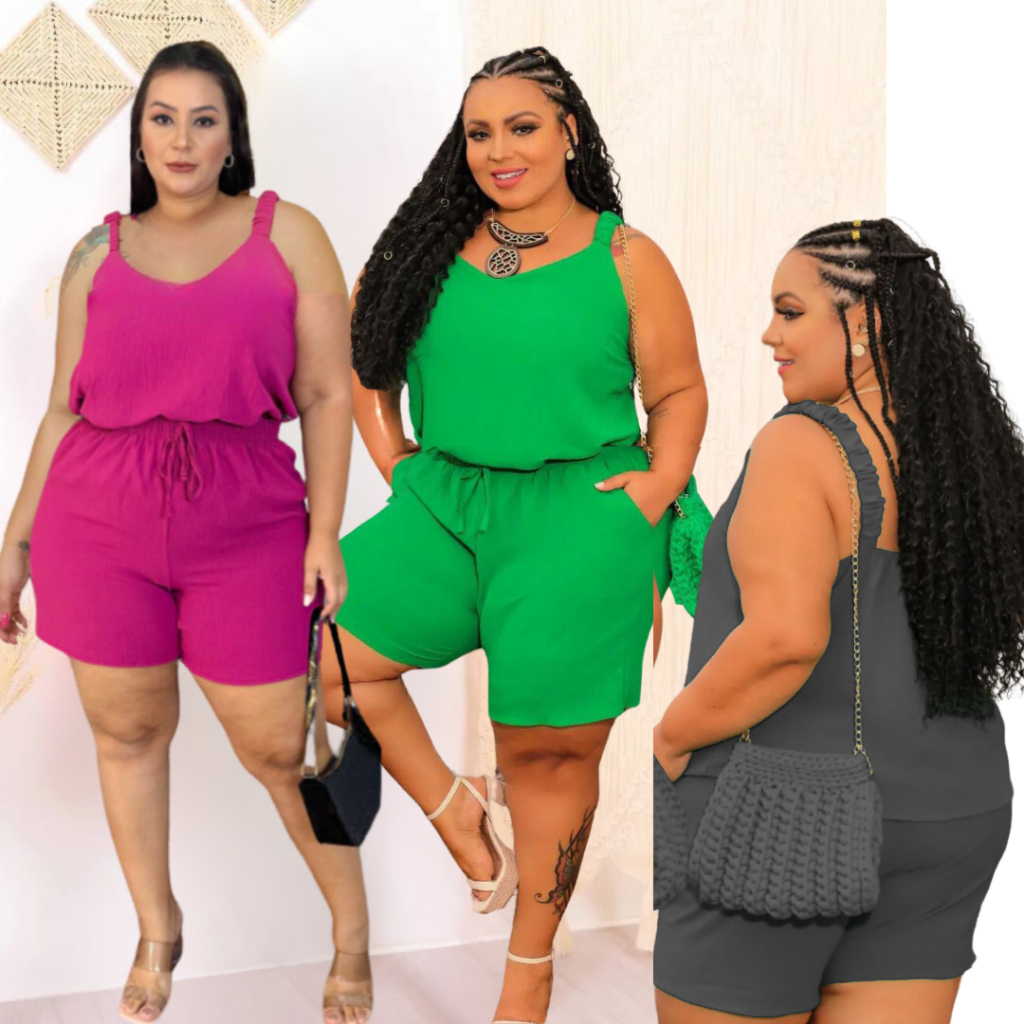 Macacão Curto Plus Size Com Bolso Contura Alta Até o 56 Macaquito Soltinha Feminina Social ...