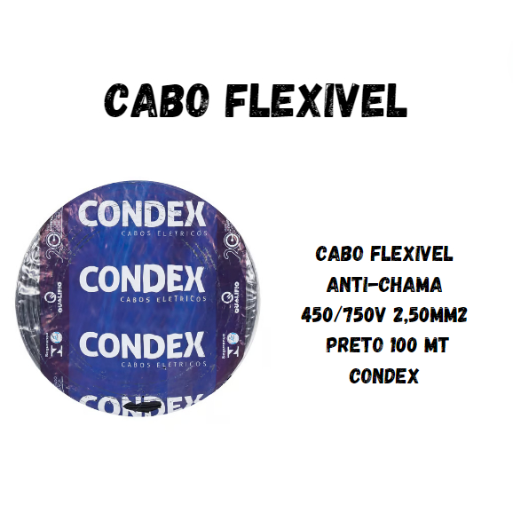 Cabo Flexível Anti-chama 2,50mm2 450/750v Preto Condex (100m) | Shopee ...