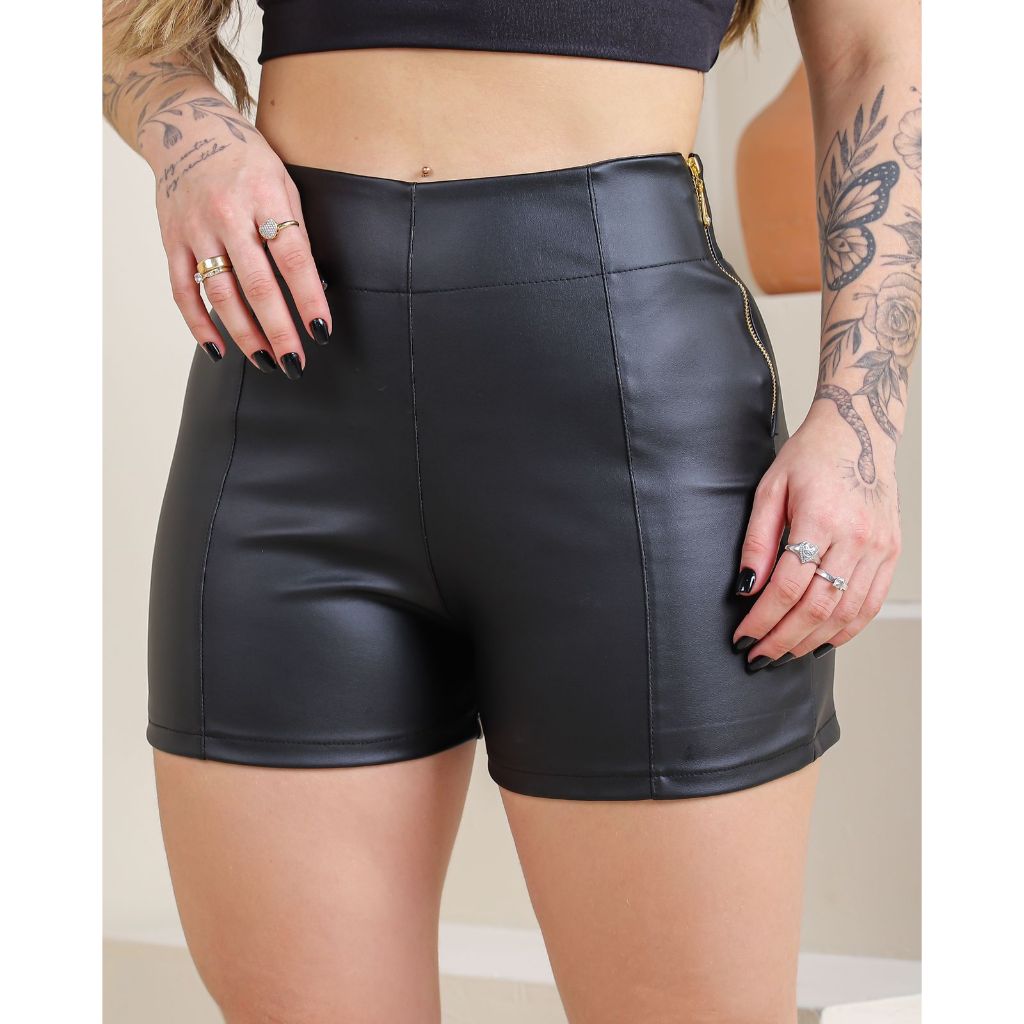 Short Couro Fake Feminino Courino Cintura Alta Ziper Blogueira Luxo ...