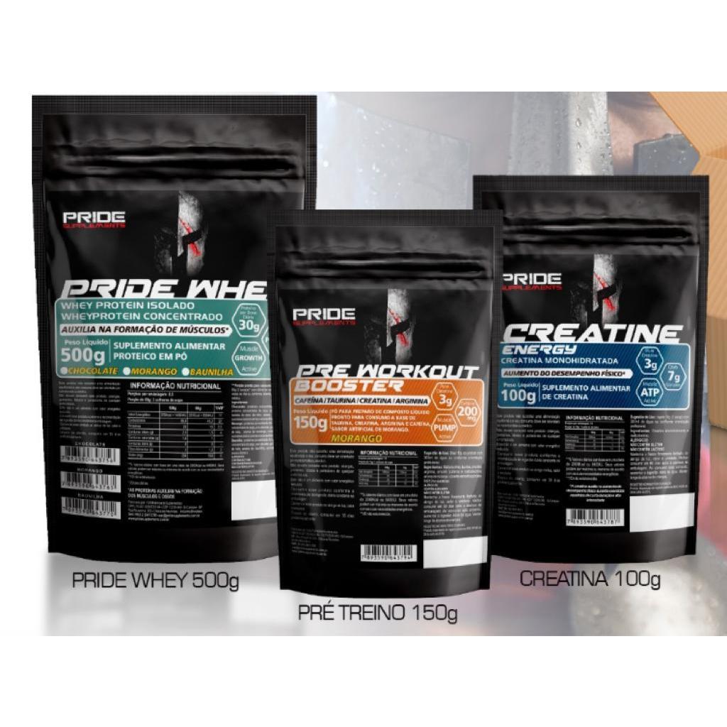 Kit Pride Whey Protein 500g + Creatina 100g + Pre Treino c/Beta alanina ...