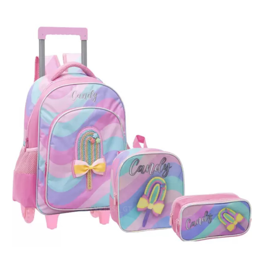 Kit Mochila De Rodinhas Infantil Menina Kit Escolar Picolé Candy ...