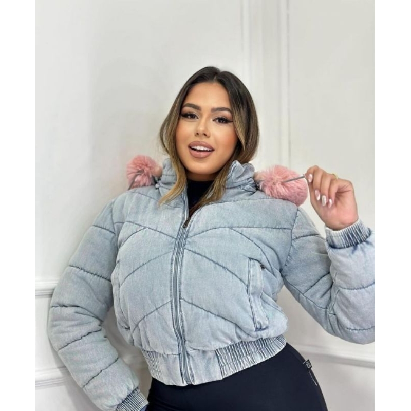 Jaqueta Puffer Feminina Jeans Forrada Com Capuz Removivel Pelinho ...