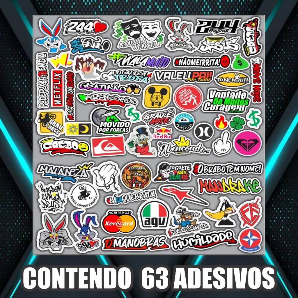 cartela 60 Kit 63 Adesivos Super Cartela Para Bike Capacete Moto Carro | Shopee Brasil