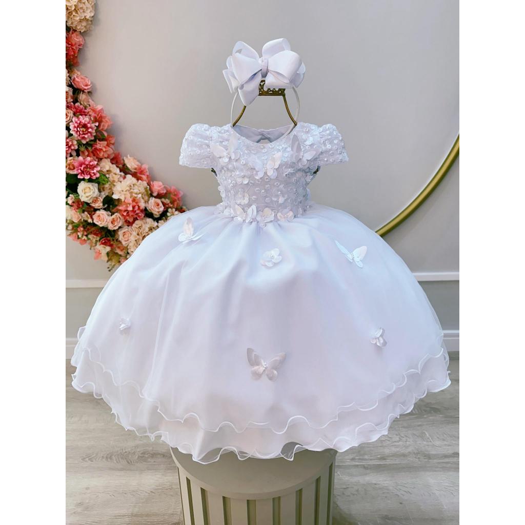 Vestido Infantil Branco Batismo Batizado Floral Flores Jardim Floresta ...