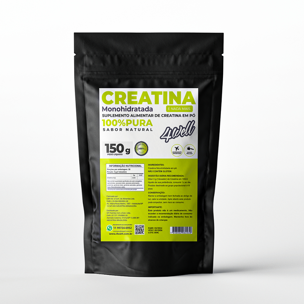 Creatina Monohidratada 150g - 100% Pura - Importada - 4well - Sabor ...