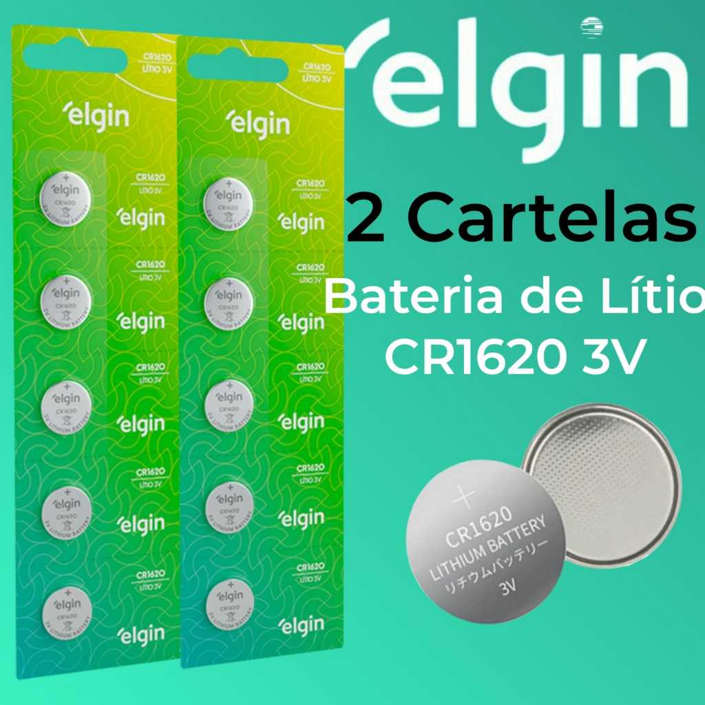 10 Baterias Pilha Botão CR1620 3V Elgin Moeda 1 Cartela (Blister com 5) CR 1620 3 V | Shopee Brasil