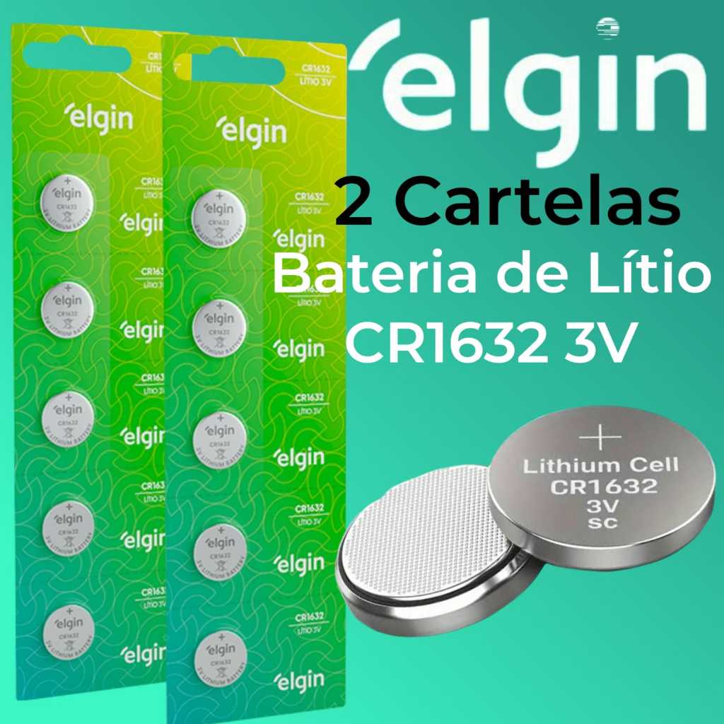 10 Baterias Pilha Botão CR1632 3V Elgin Moeda 1 Cartela (Blister com 5) CR 1632 3 V - Melhora o ...