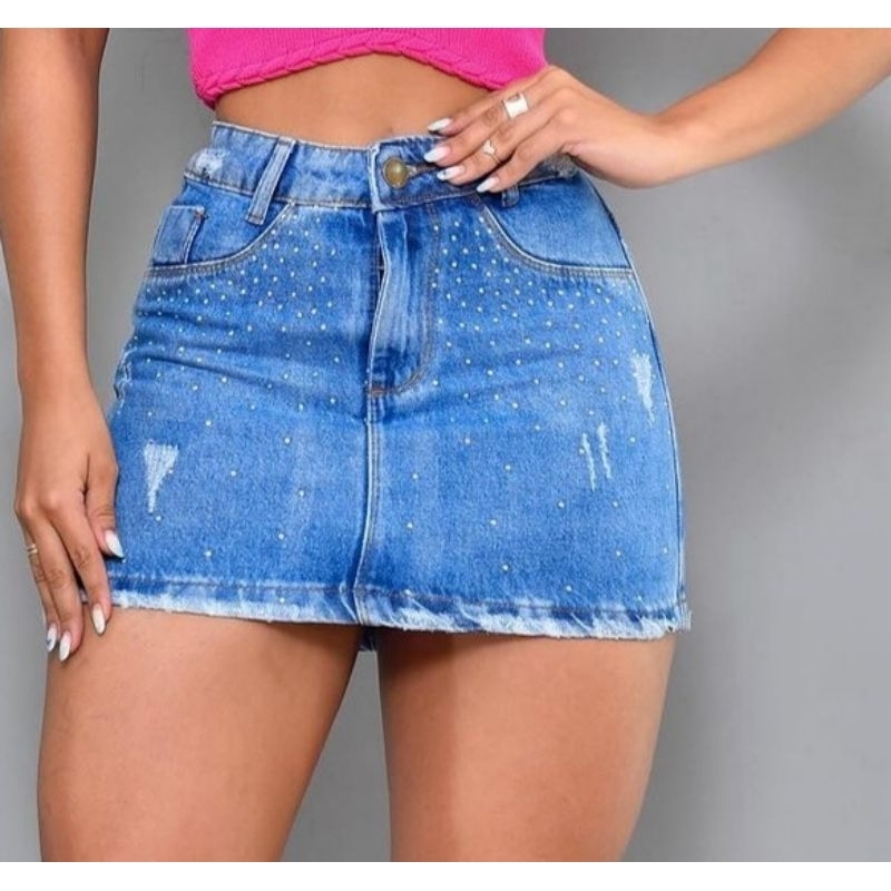 Saia Jeans Feminina Com Strass e Bordado Cós Alto 100% Algodão ...