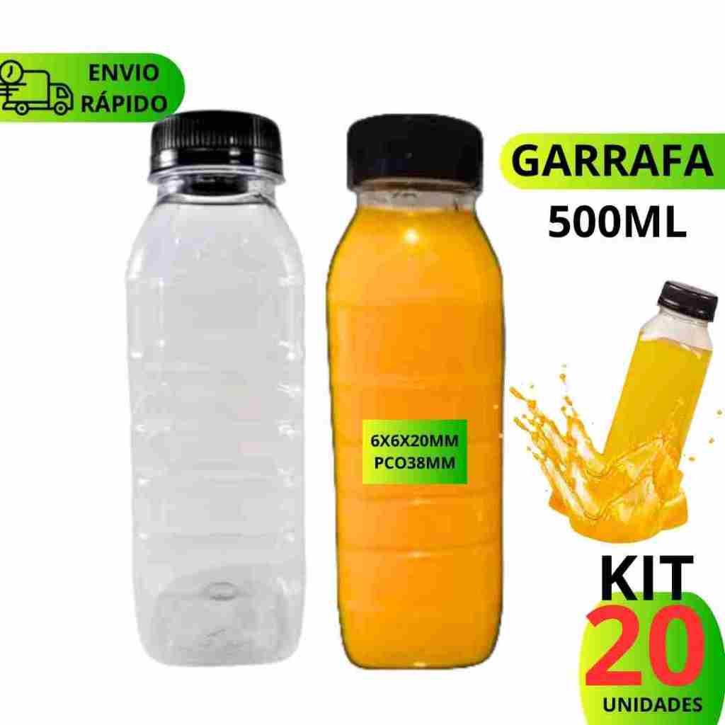 FABRICA kit 20 GARRAFAS De 500 ml Pet Cristal Quadrada Boca Grande 38mm ...