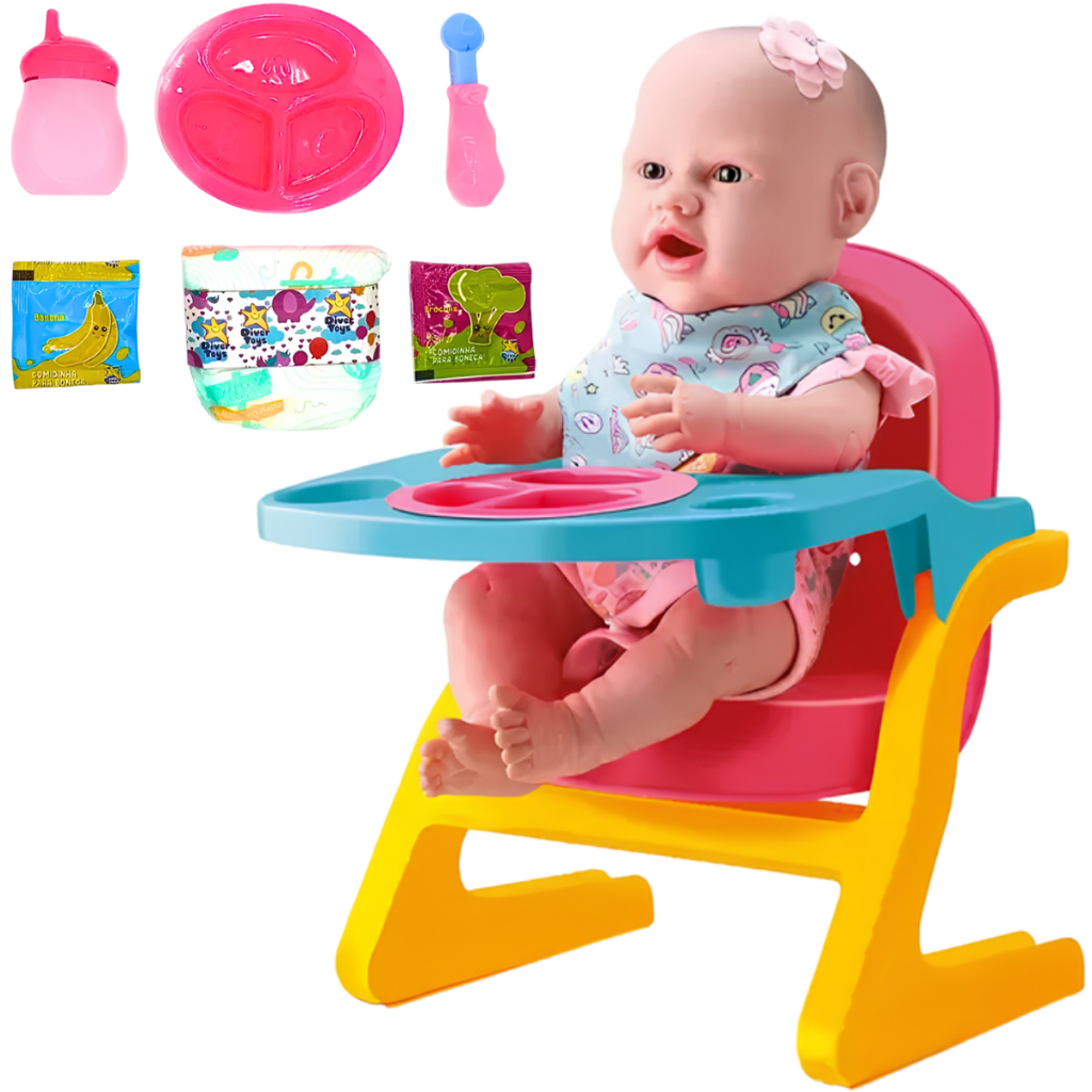 Boneca Reborn Com Cadeira Alimentação Come E Faz Caquinha Bebê ...