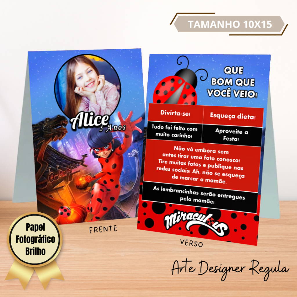 Cartão agradecimento de mesa, placa Miraculous Ladybug com Foto ...