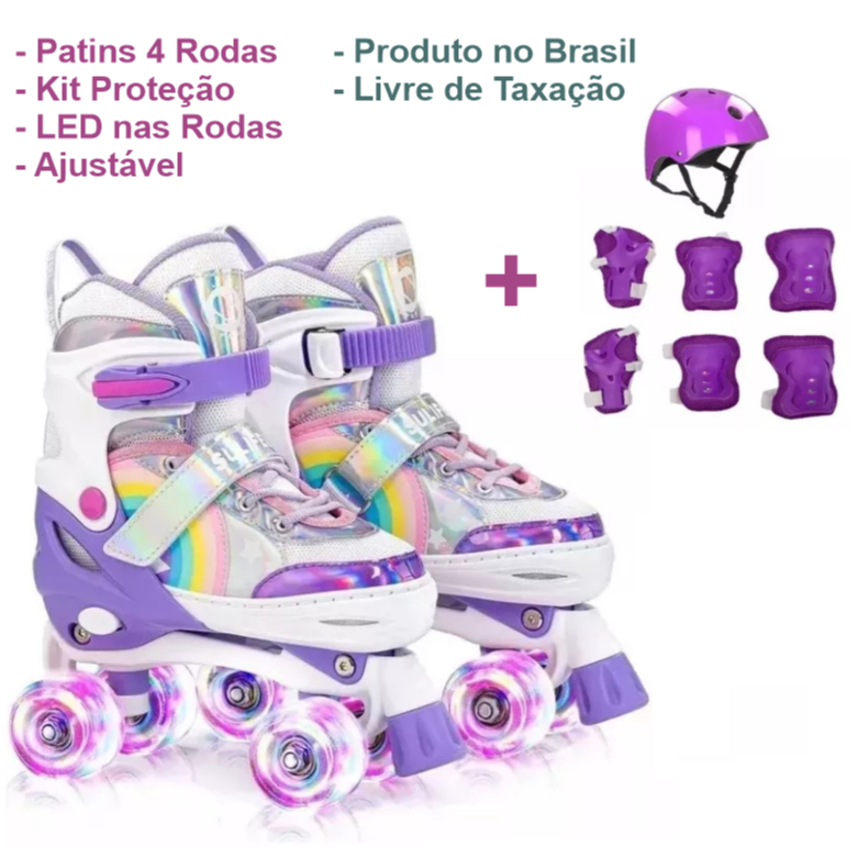 Patins Infantil Menina Lilás 4 Rodas Tamanho Ajustável LED Colorido Nas ...