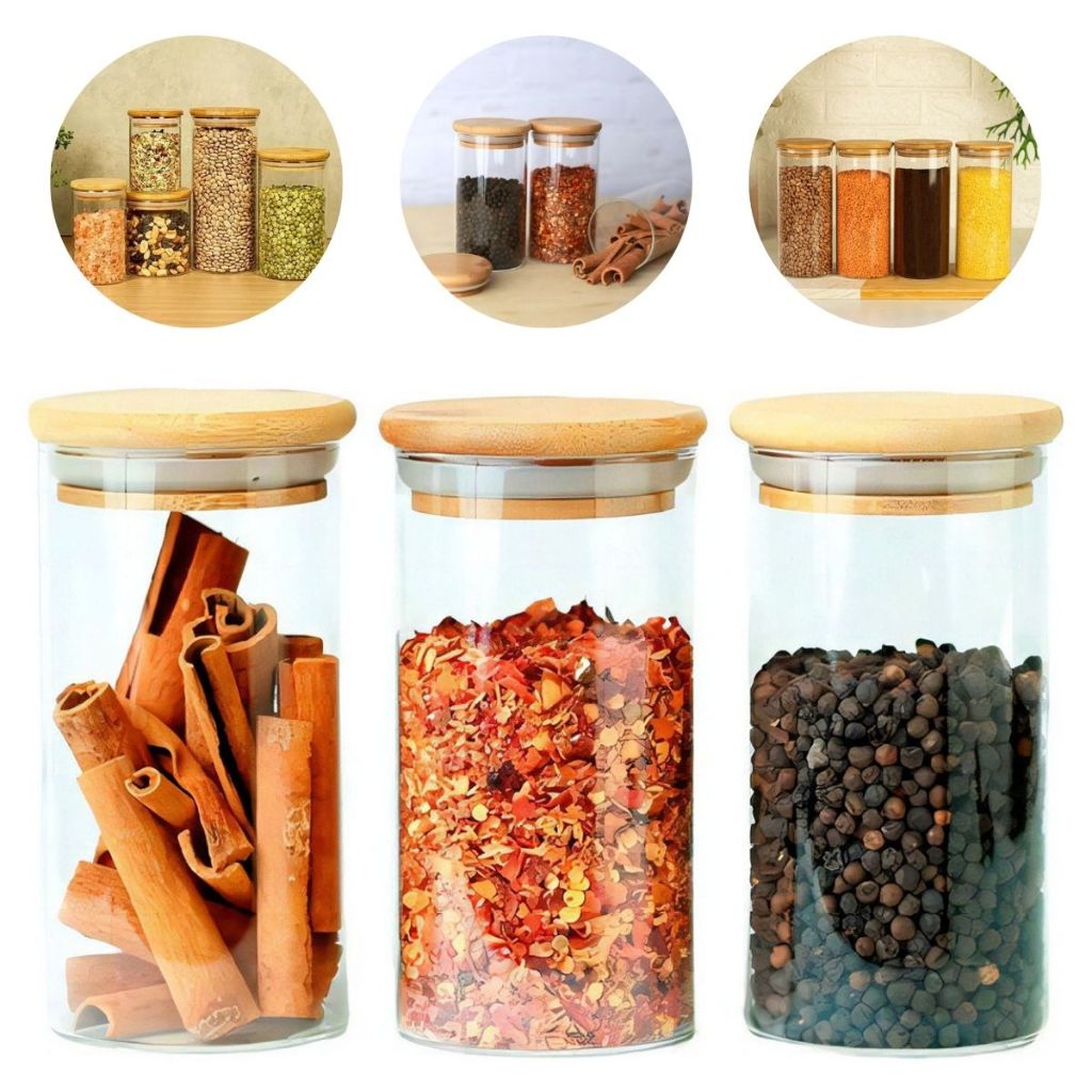 Kit 3 Potes de Vidro 750ml com Tampa Bambu Potes Hemetico | Shopee Brasil