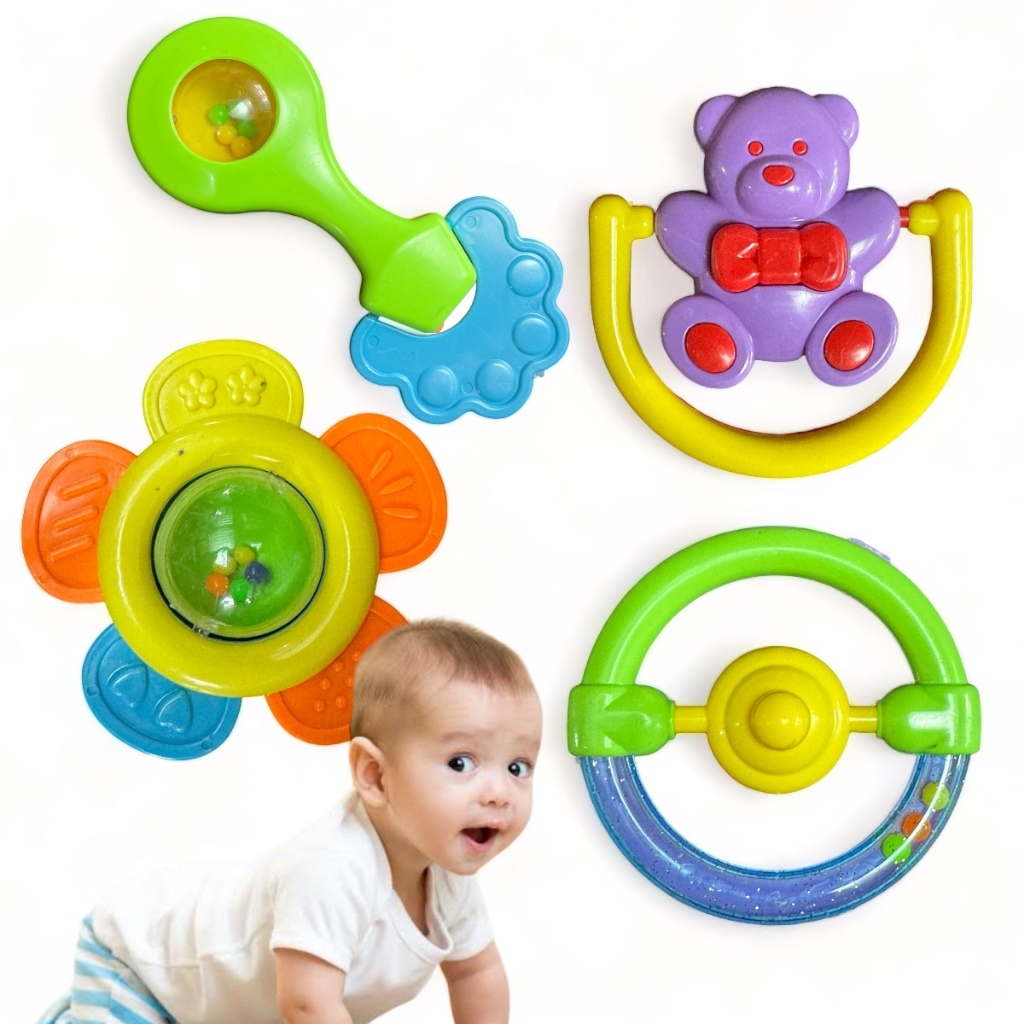 Kit Com 4 Chocalhos Para Bebês Com Sinos De Mão Brinquedo Infantil ...