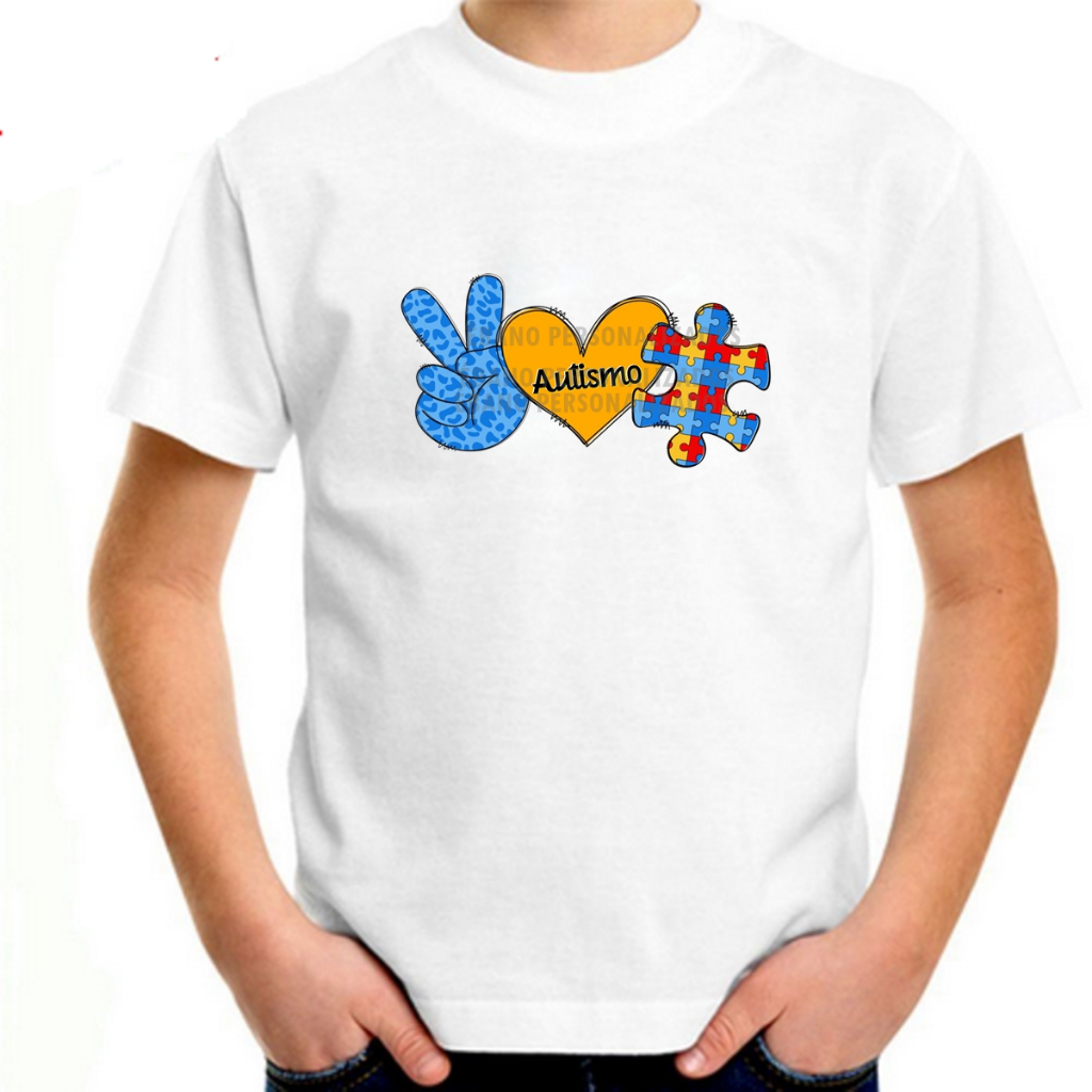 Camiseta infantil autismo paz e amor quebra cabeça símbolo autista tea ...