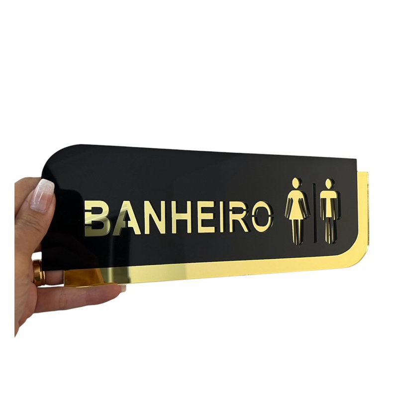 Placa de Sinalização Banheiro Toilette em acrílico preto e dourado ...